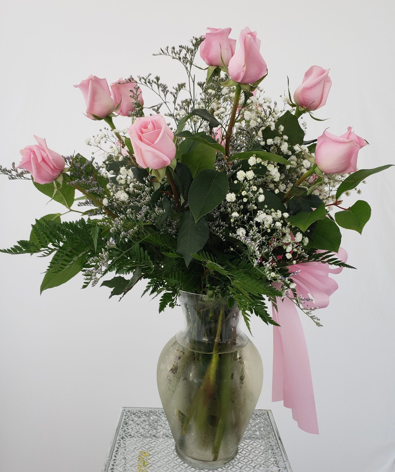 #8 One Dozen Pink Roses in a Vase - Dees' Nursery